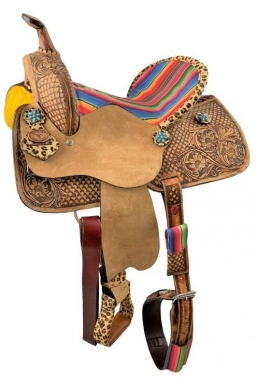 Double T 15 Inch Barrel Style Saddle With Serape Seat And Cheetah ...